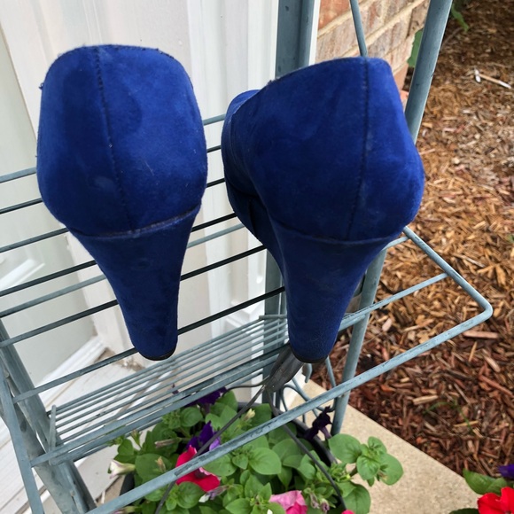Express | Shoes | Royal Blue Faux Suede Express Wedges Peep Toe | Poshmark